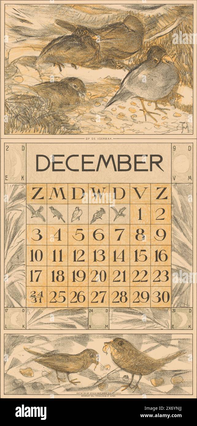 December calendar sheet with eating birds, On the feeding trough (title ...