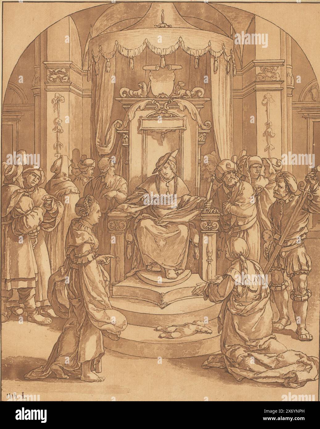 Judgment of Solomon, King Solomon sits on his throne and passes ...