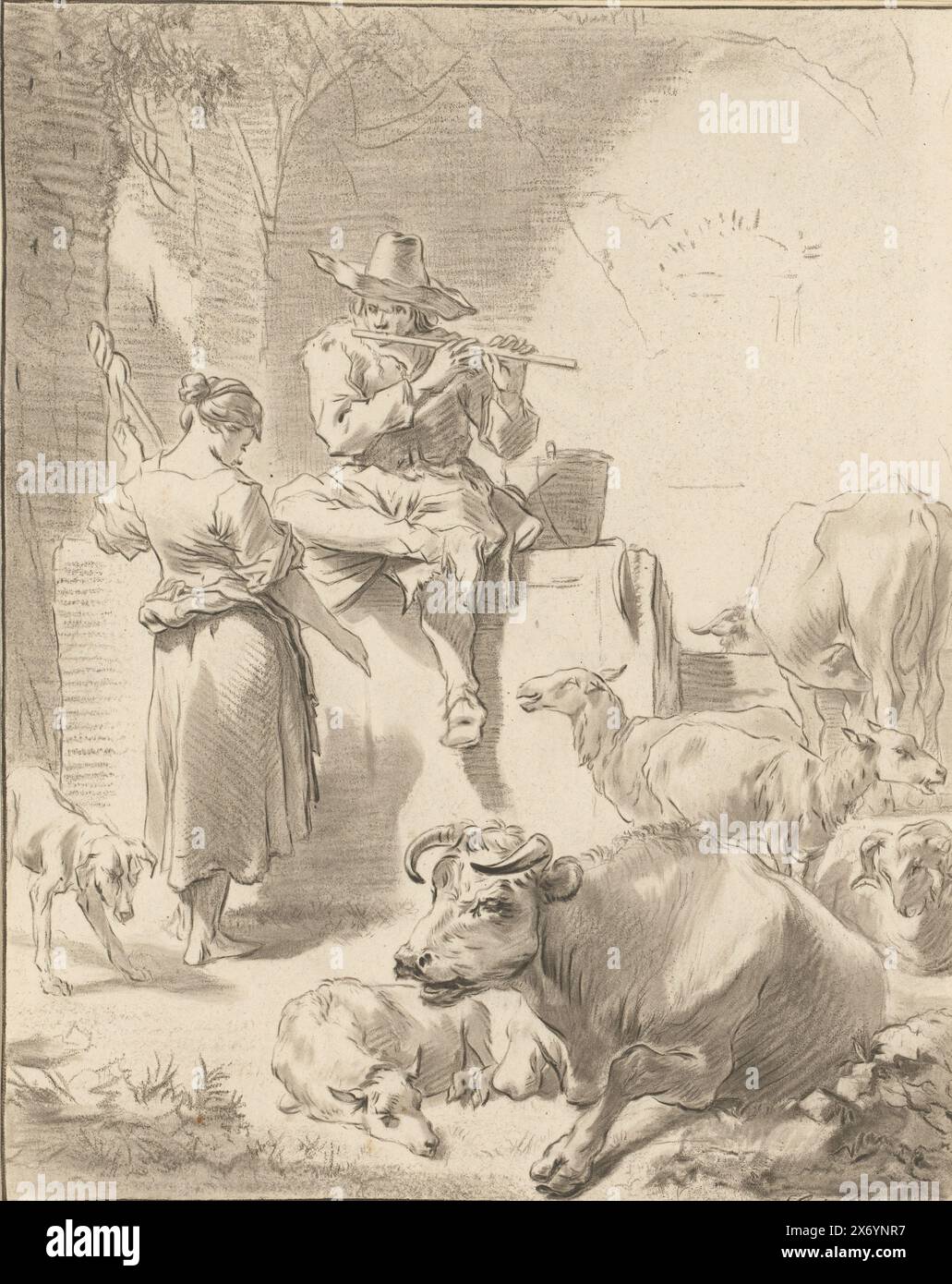 Flute-playing shepherd and purring shepherdess, A shepherd sits on a ...