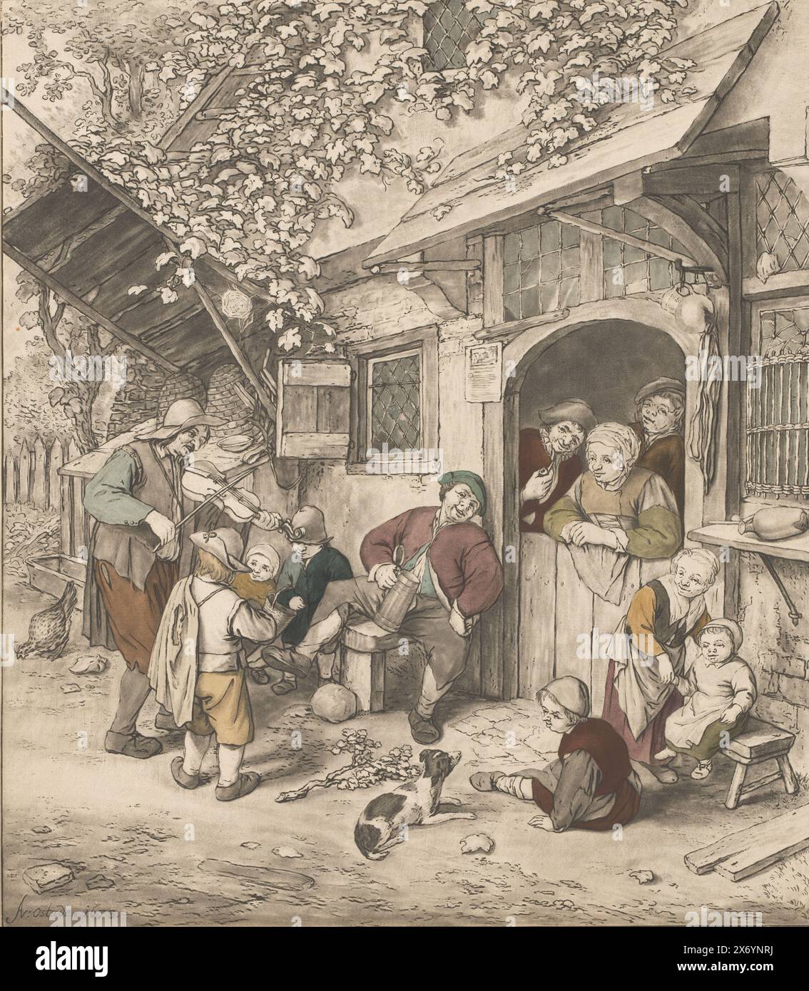 Fiddler in front of an inn, A man with a violin and a boy with a hurdy ...