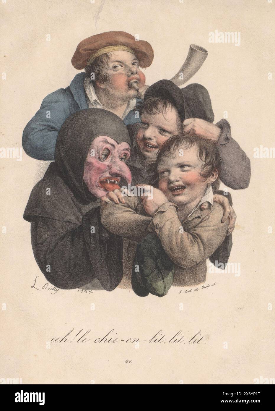 Caricature of four children during carnival, Ah! Le chie-en-lit, lit, lit (title on object ...