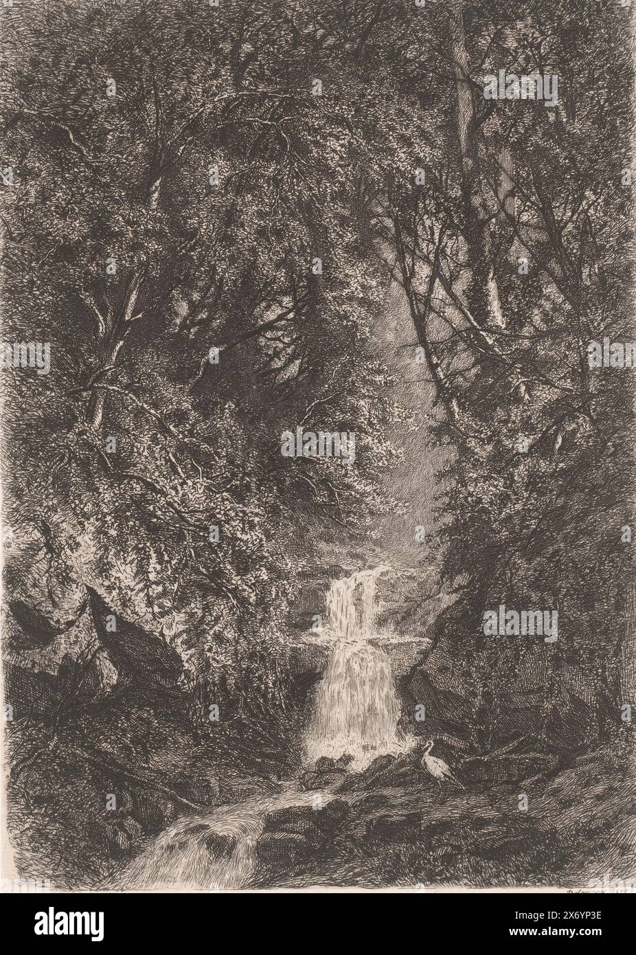 View of a forest landscape with a waterfall, print, print maker: Alfred ...