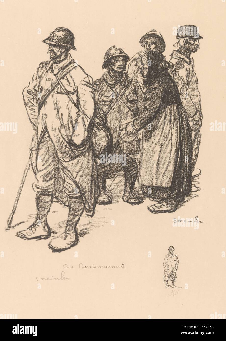 Soldiers and civilian woman in army quarters during the First World War ...