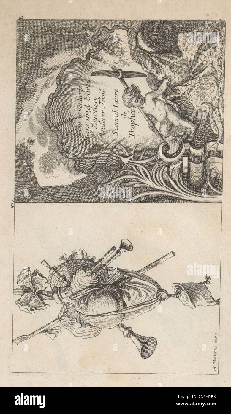 Trophy with bagpipes and putto sitting in front of a shell, Neu ...