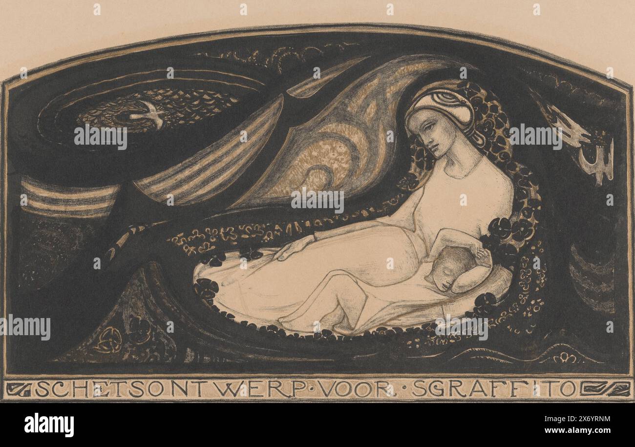 Reclining woman and child, Sketch design for sgraffito (title on object ...