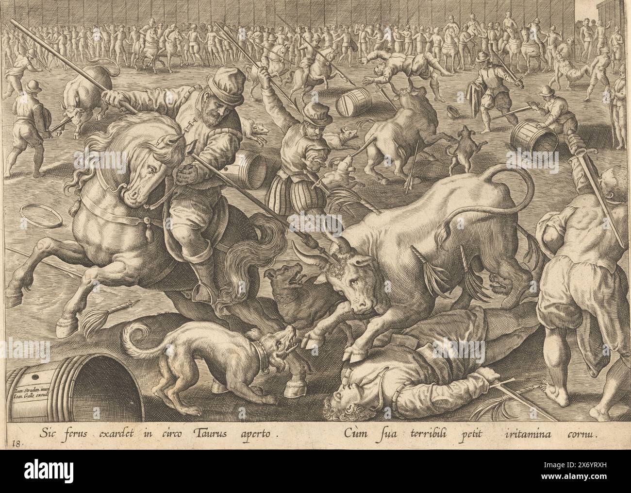 Bullfighting, In an arena several men on horseback and on foot are ...