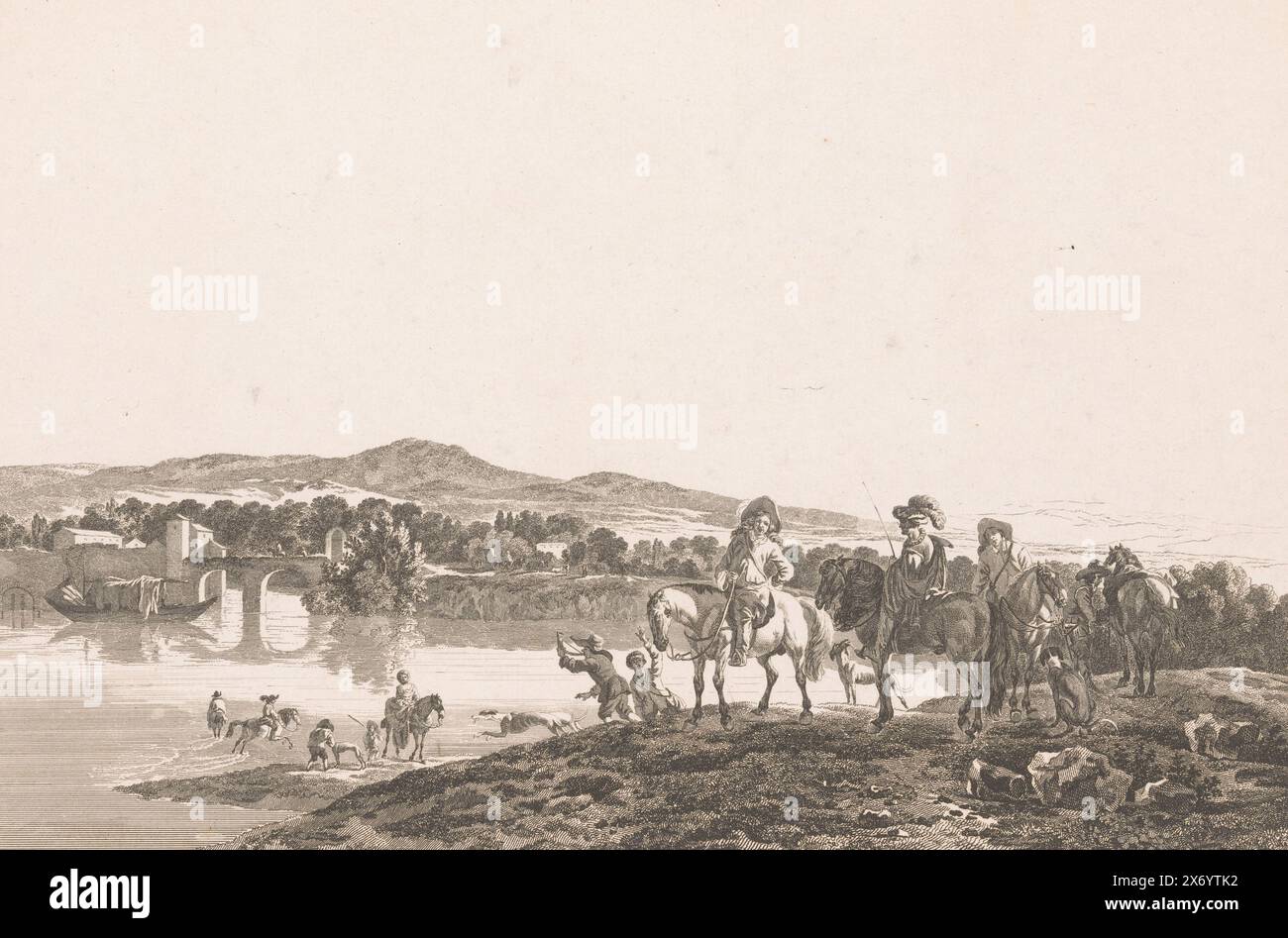 River landscape with hunters, bottom right a small landscape., print ...