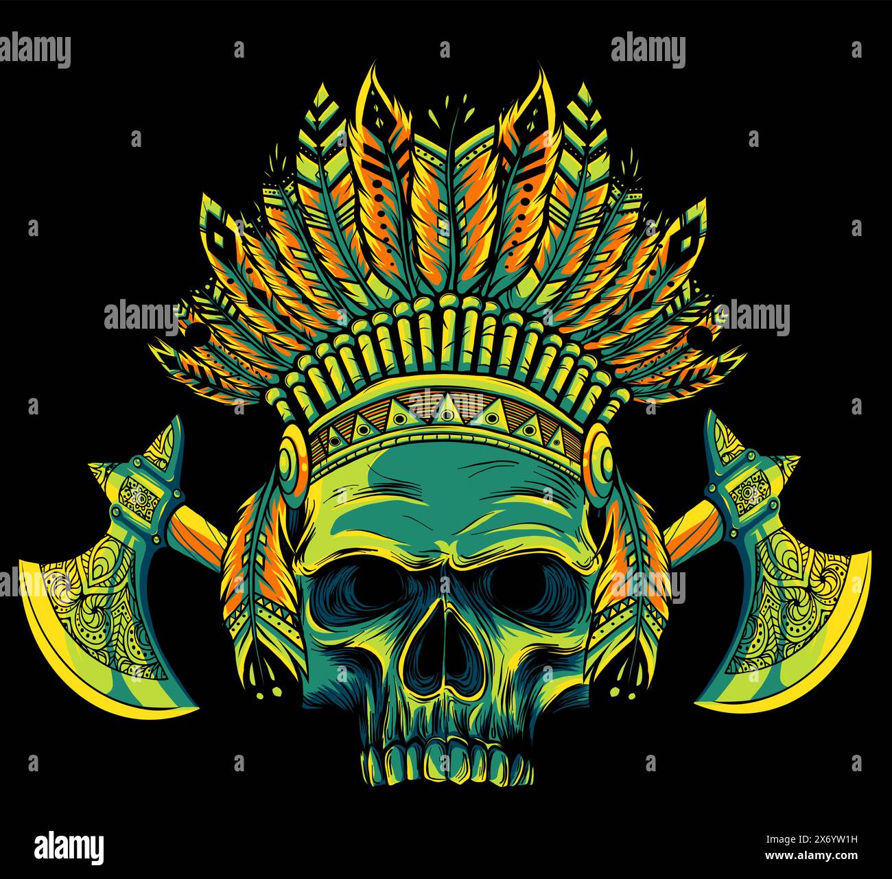 Vector illustration of Indian skull and cross ax on black background ...