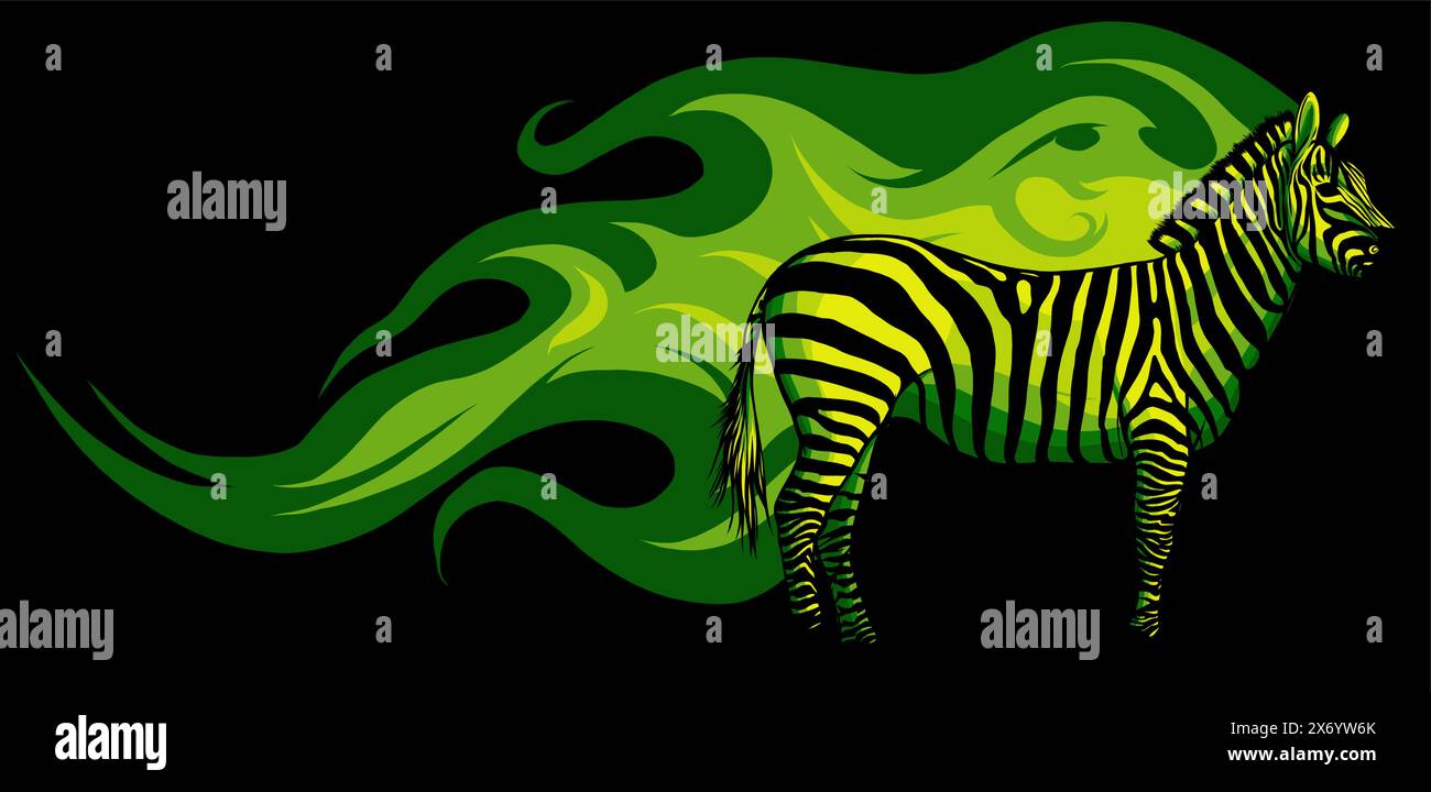 Animal illustration of vector zebra with flames on black background ...