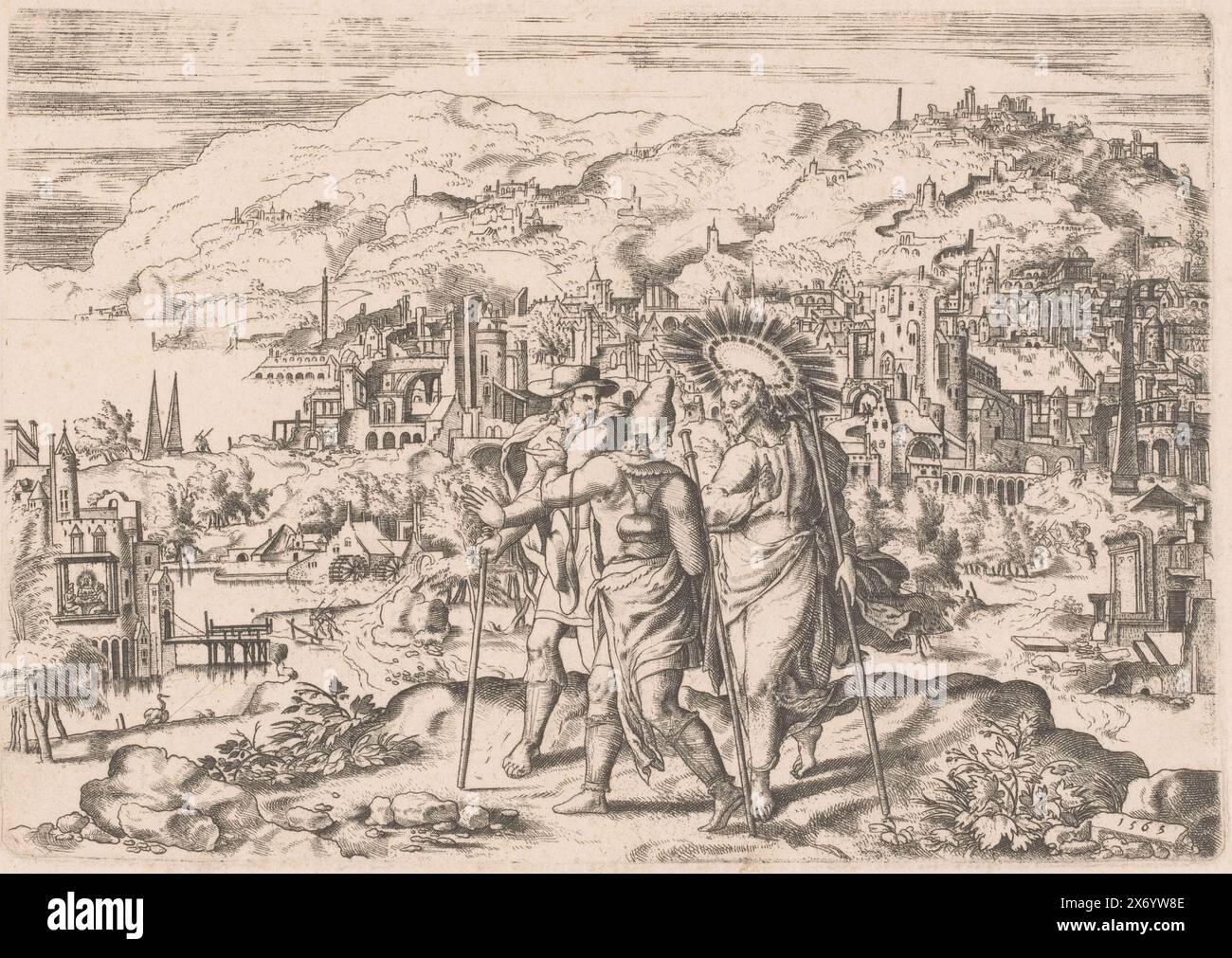 Landscape with people going to Emmaus, Christ and the two people going ...