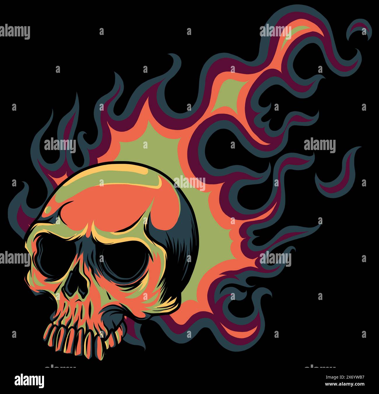 Skull on Fire with Flames Vector Illustration on black background Stock ...