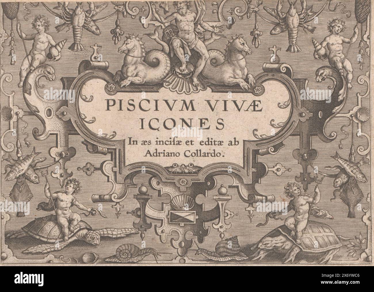 Title print with sea creatures as ornaments, Fish (series title ...