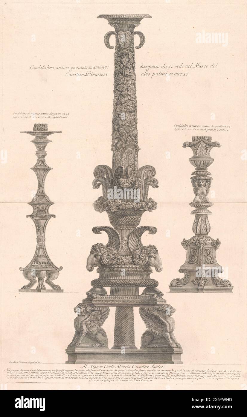 Three candelabras, Vases, candlesticks, tombstones, sarcophagi, tripods ...