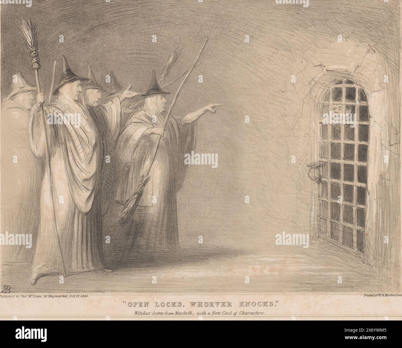 Cartoon with Daniel O'Connell in prison, "Open locks, whoever knocks ...