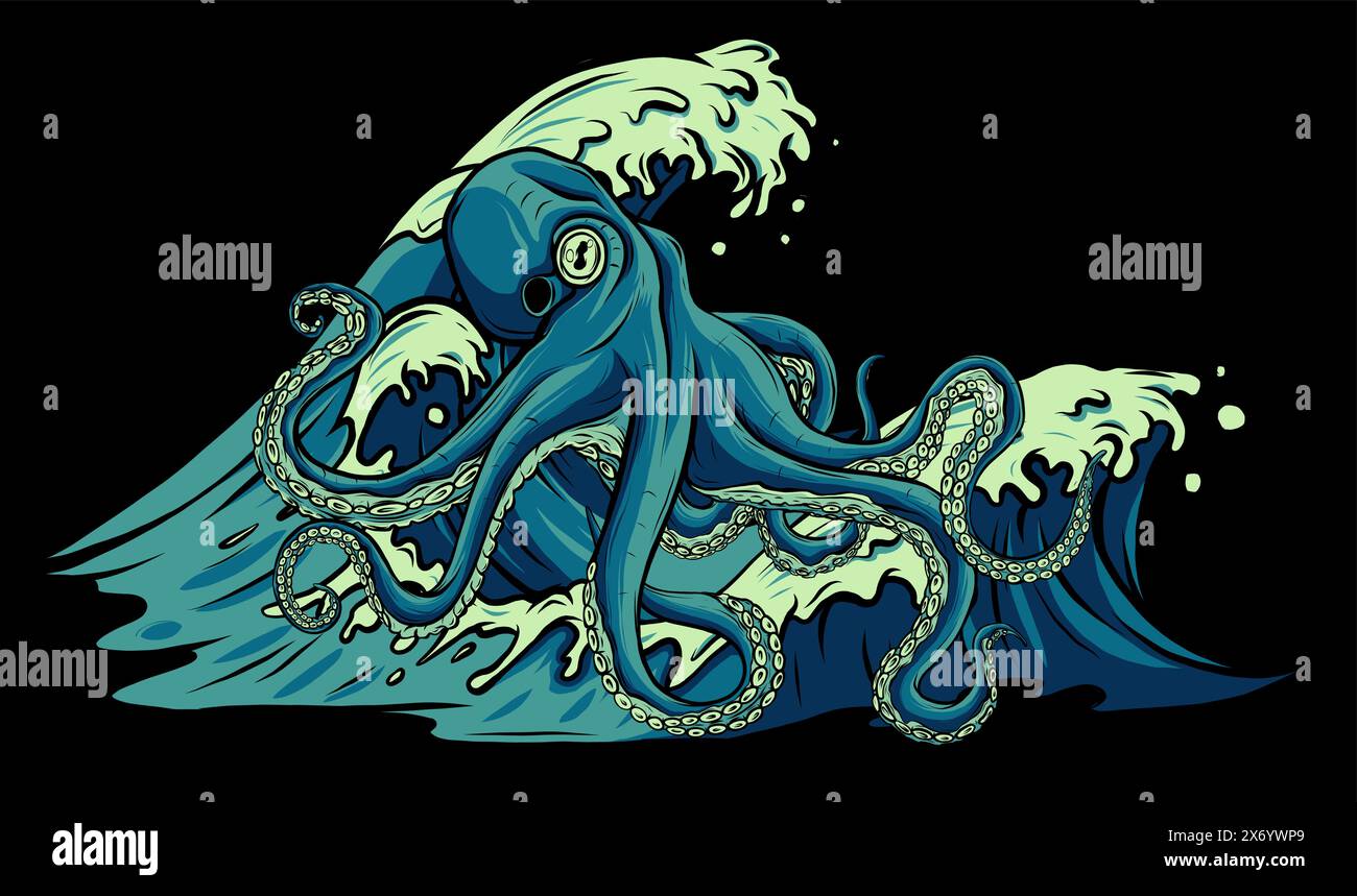 Vector illustration of a cartoon octopus with sea wave on black ...