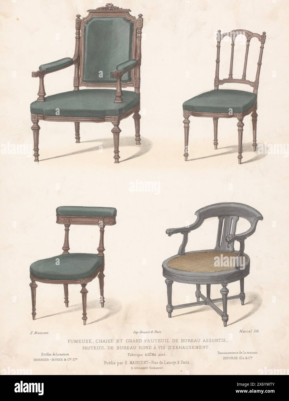 Four chairs, Fumeuse, chaise and grand fauteuil de bureau assortis ...