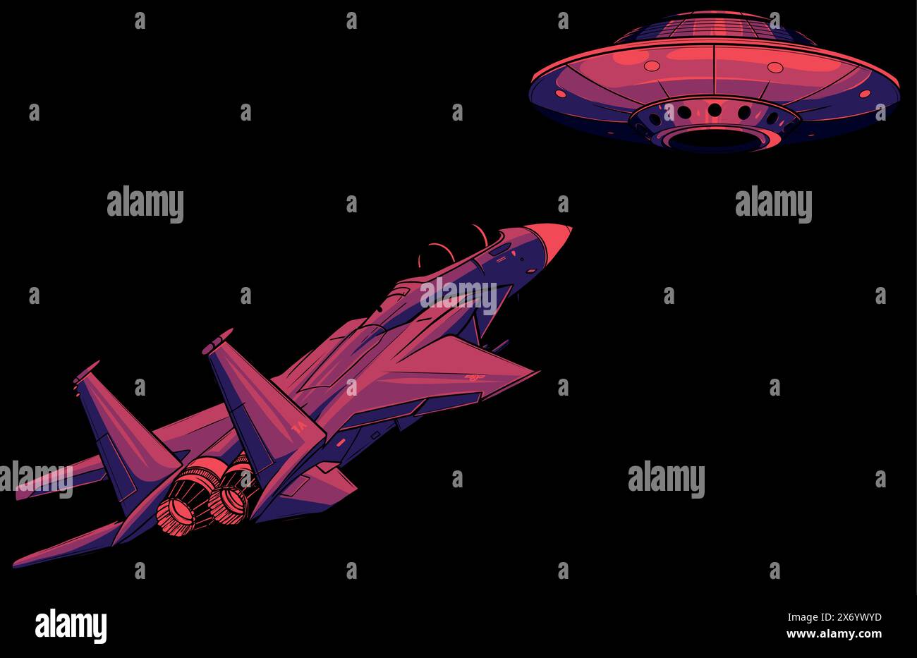 Vector illustration in flat style. ufo fight versus jet on black ...