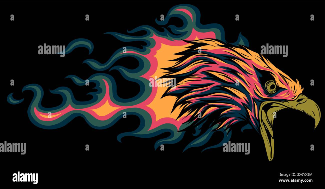 vector illustration of head Eagle with flames on black background Stock ...