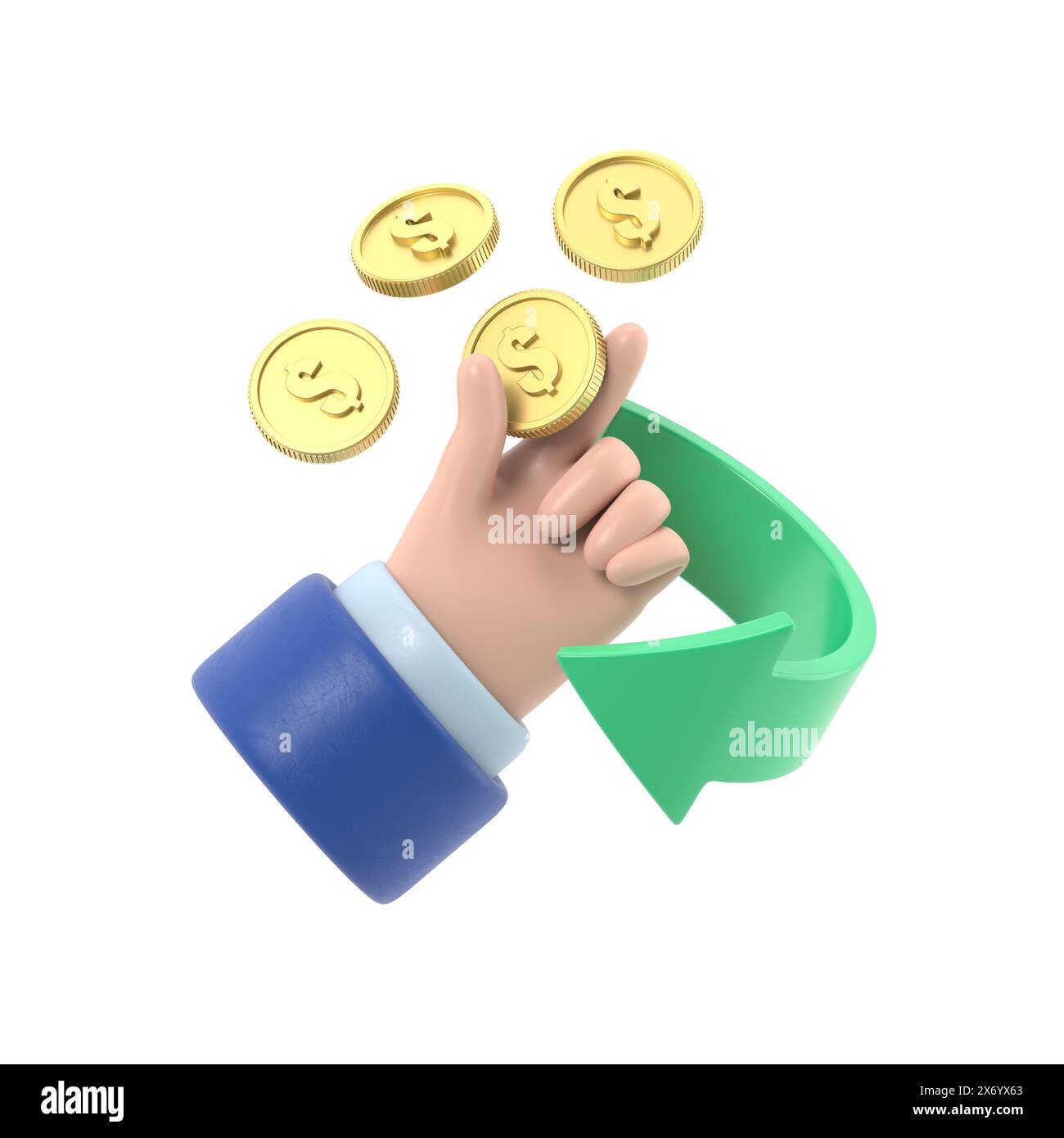 Cartoon Gesture Icon Mockup.3D Hand holding coin with arrow. Cashback ...