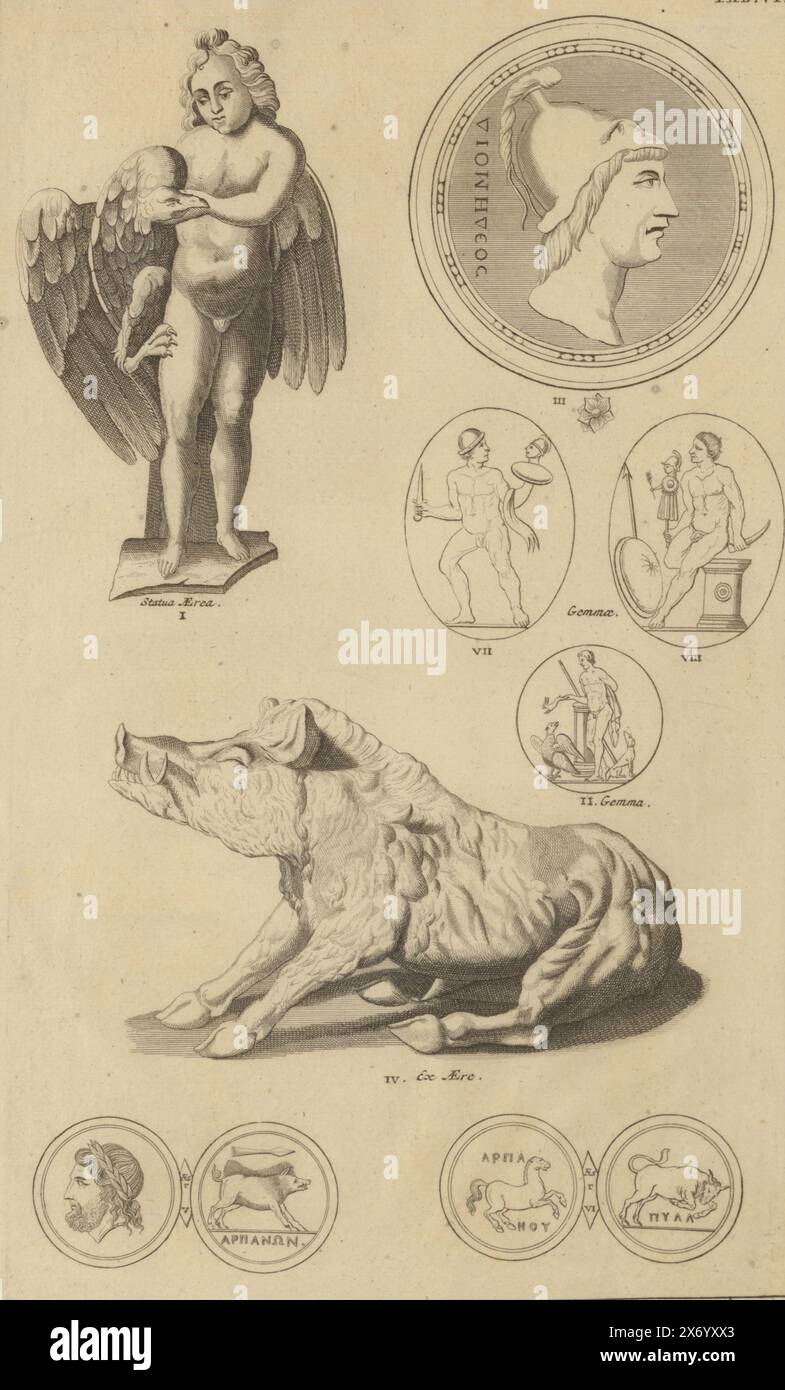 Composition with two bronze statues, coins and gems. The figures and ...
