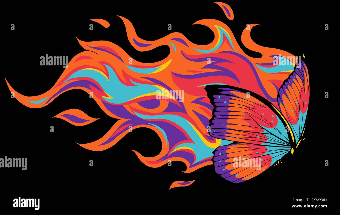 vector Illustration of a butterfly made of fire on black background ...