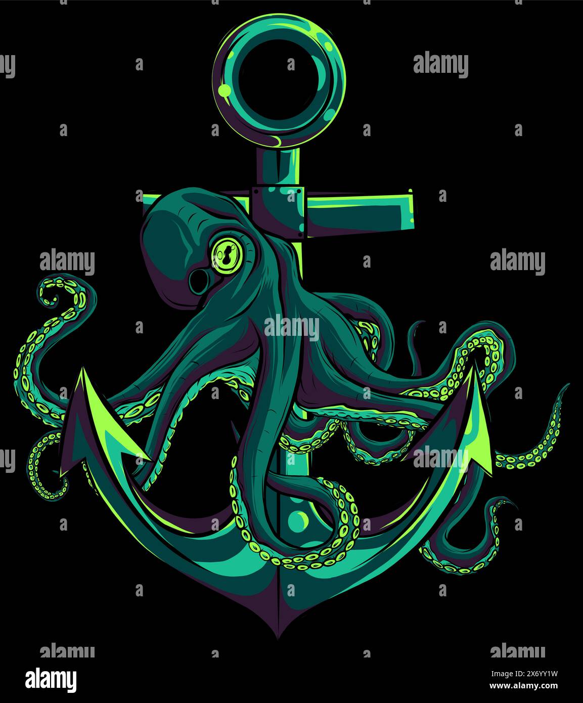 octopus around the anchor on black background vector illustration ...