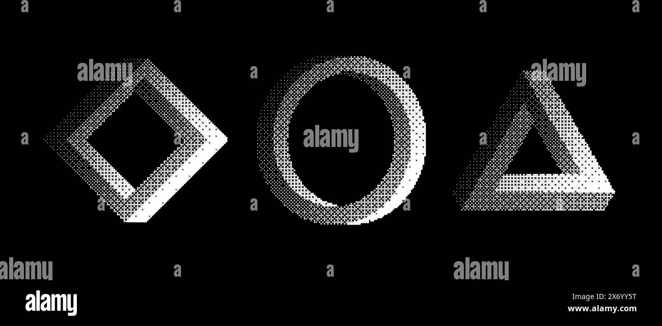 Bitmap textured impossible shapes set. Dither halftone geometric objects collection. Black ...