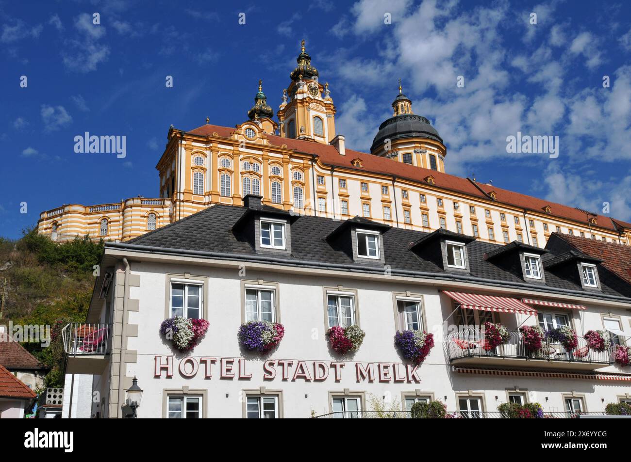 Historic Melk Abbey sits high above the town of Melk, Austria, a ...