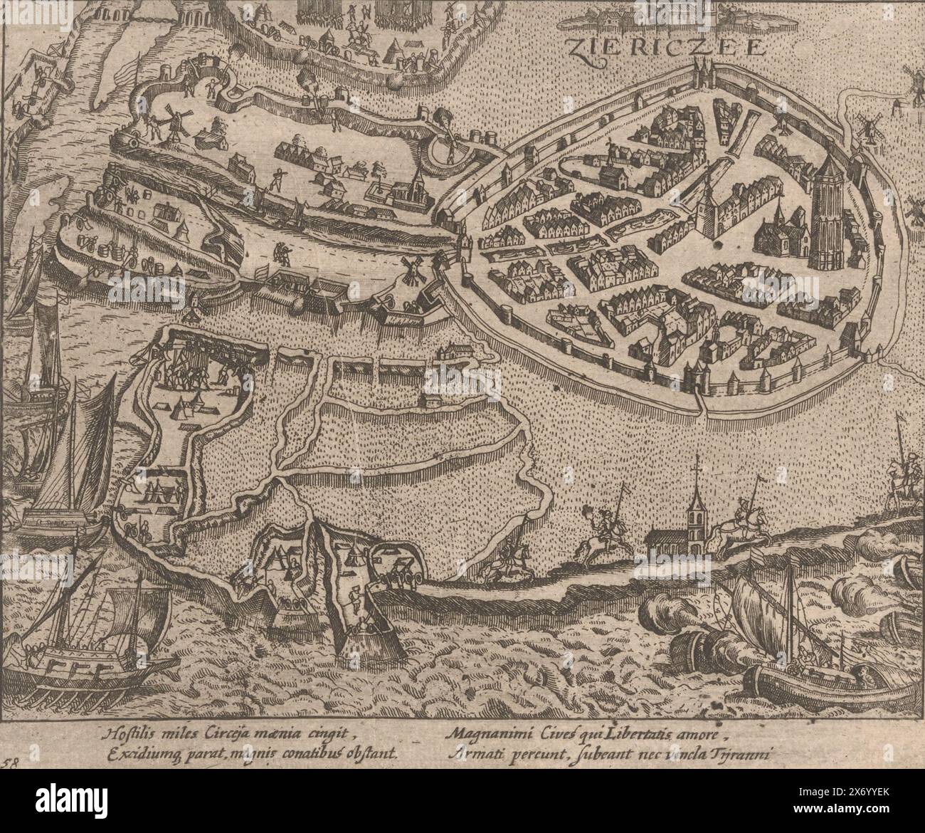 Bird's-eye view of Zierikzee during the siege by the Spanish, 1576, Ziericzee (title on object ...
