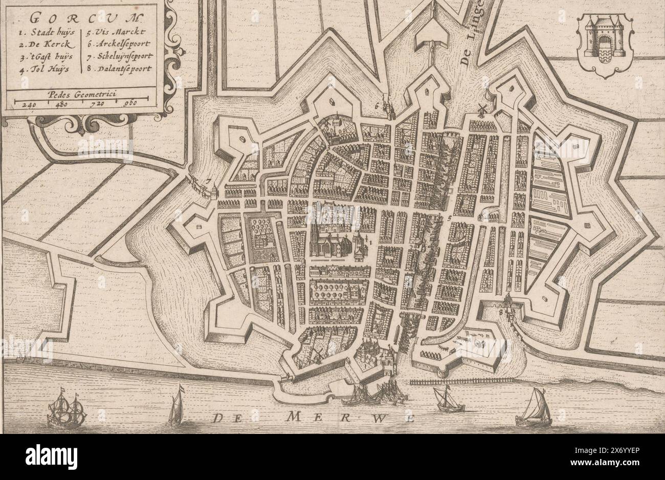 Map of Gorinchem, Gorcum (title on object), top left a legend 1-8. Top ...