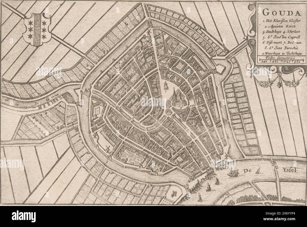 Map of Gouda, Gouda (title on object), Top left the city coat of arms ...
