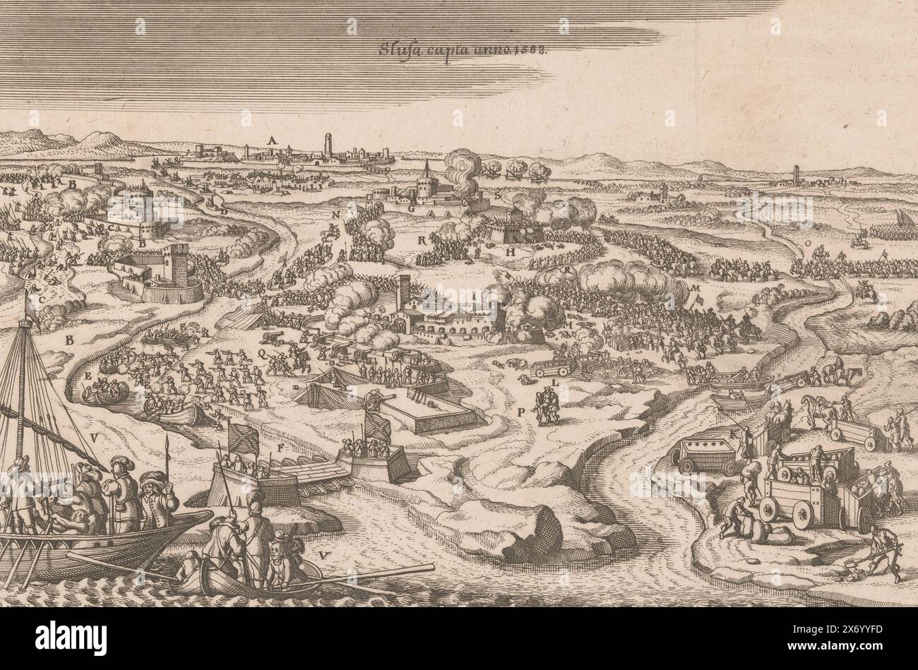 Siege of Sluis by Parma, 1587, Slusa capta anno 1588 (title on object ...