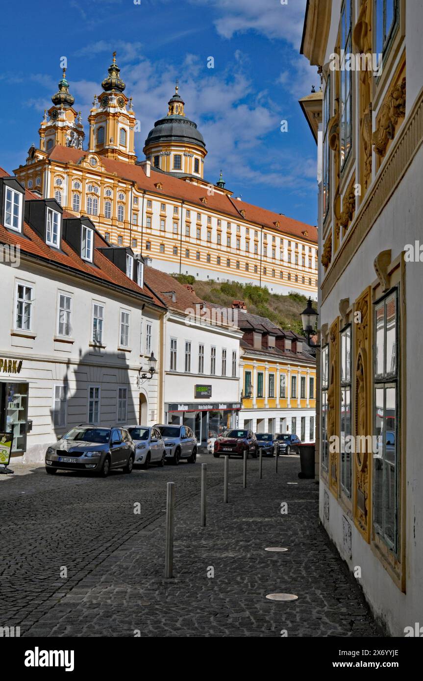 Historic Melk Abbey sits high above the town of Melk, Austria, a ...