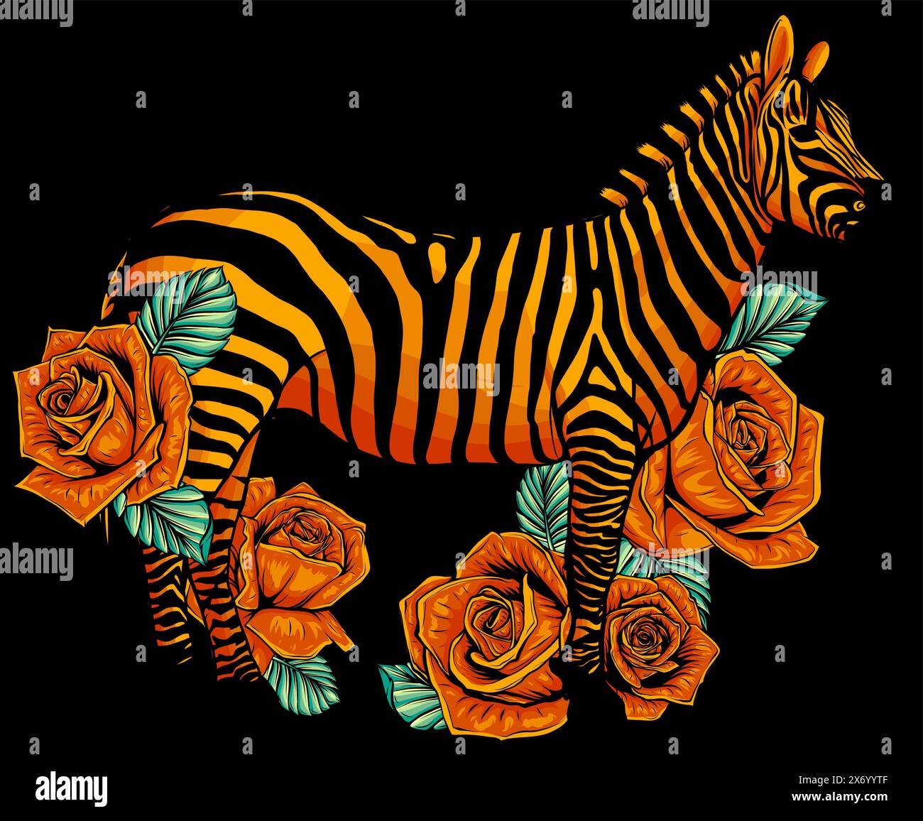 zebra with red roses on black background vector illustration design ...
