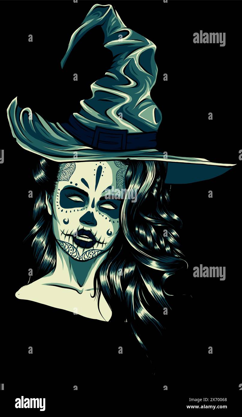 beautiful witch in a classic hat and coloured hair on black background ...