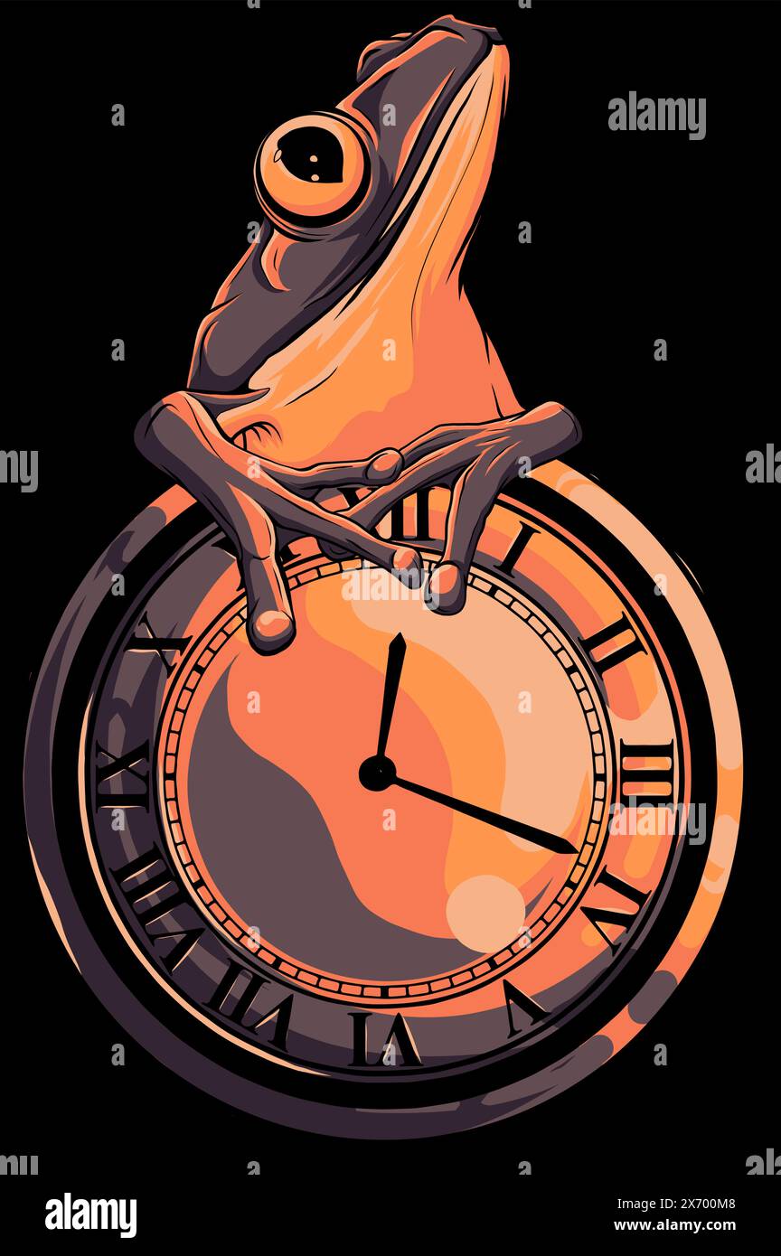vector illustration of isolated frog clock on black background Stock ...