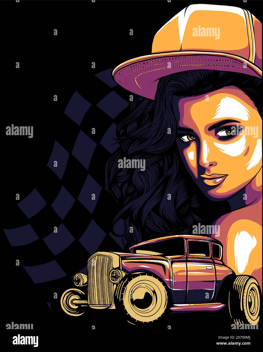 Vector Illustration Of Hot Rod With Girl On Black Background Stock Vector Image And Art Alamy