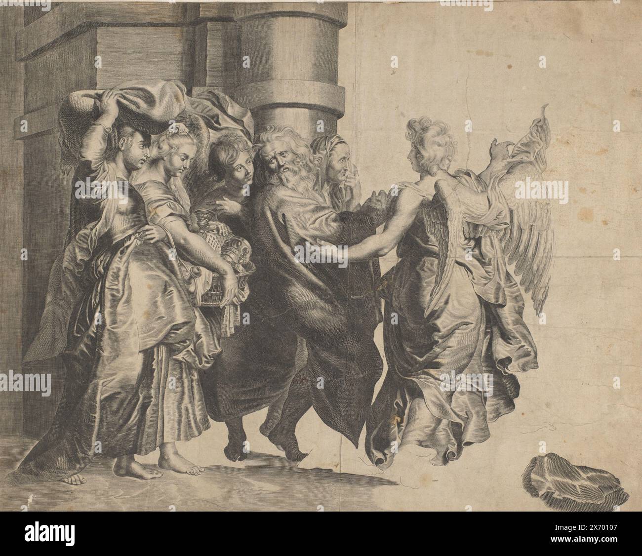 Lot with his wife and daughters flee Sodom, An angel leads Lot and his ...