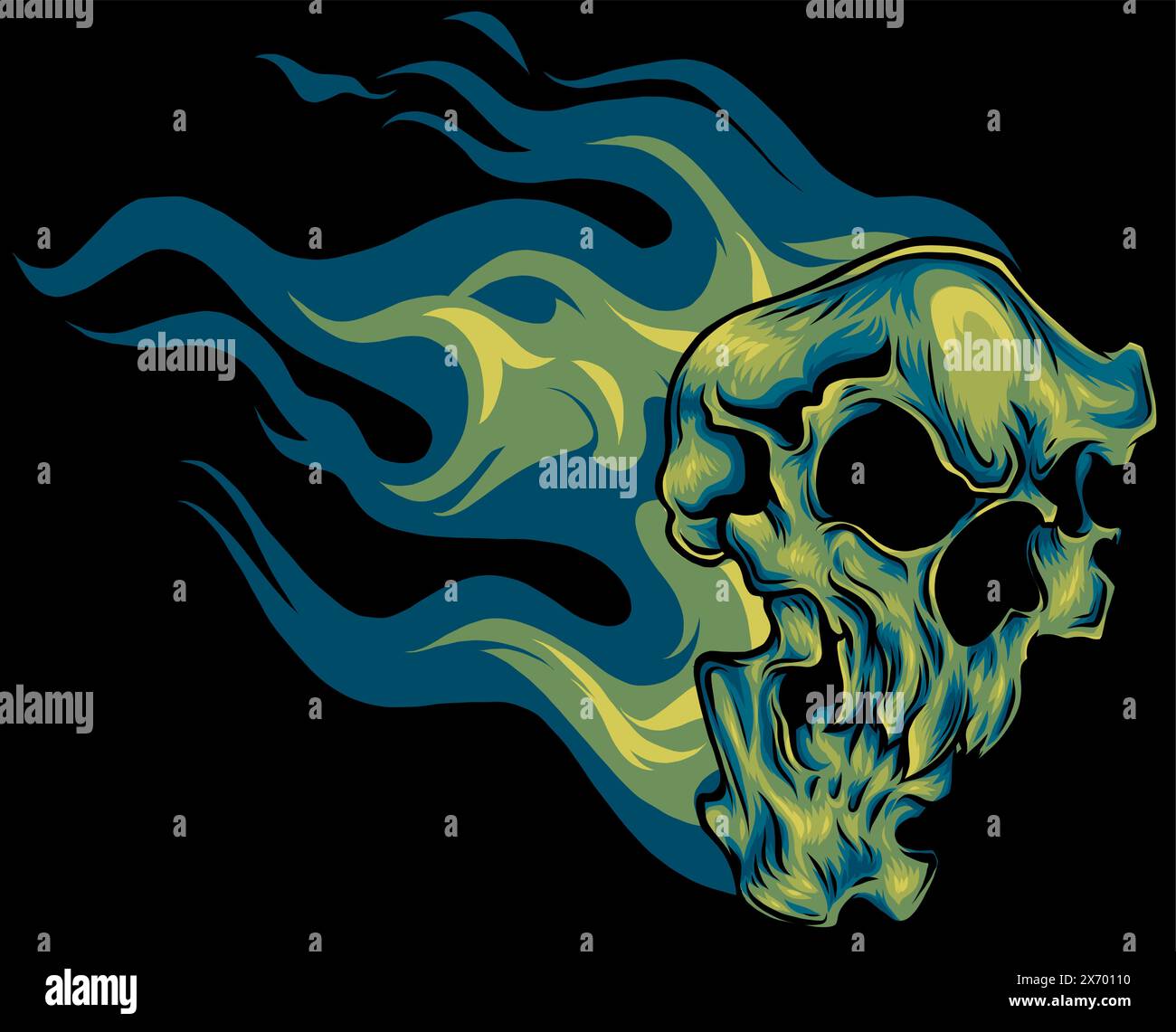 Burning skull with flame hair on black background vector design Stock ...