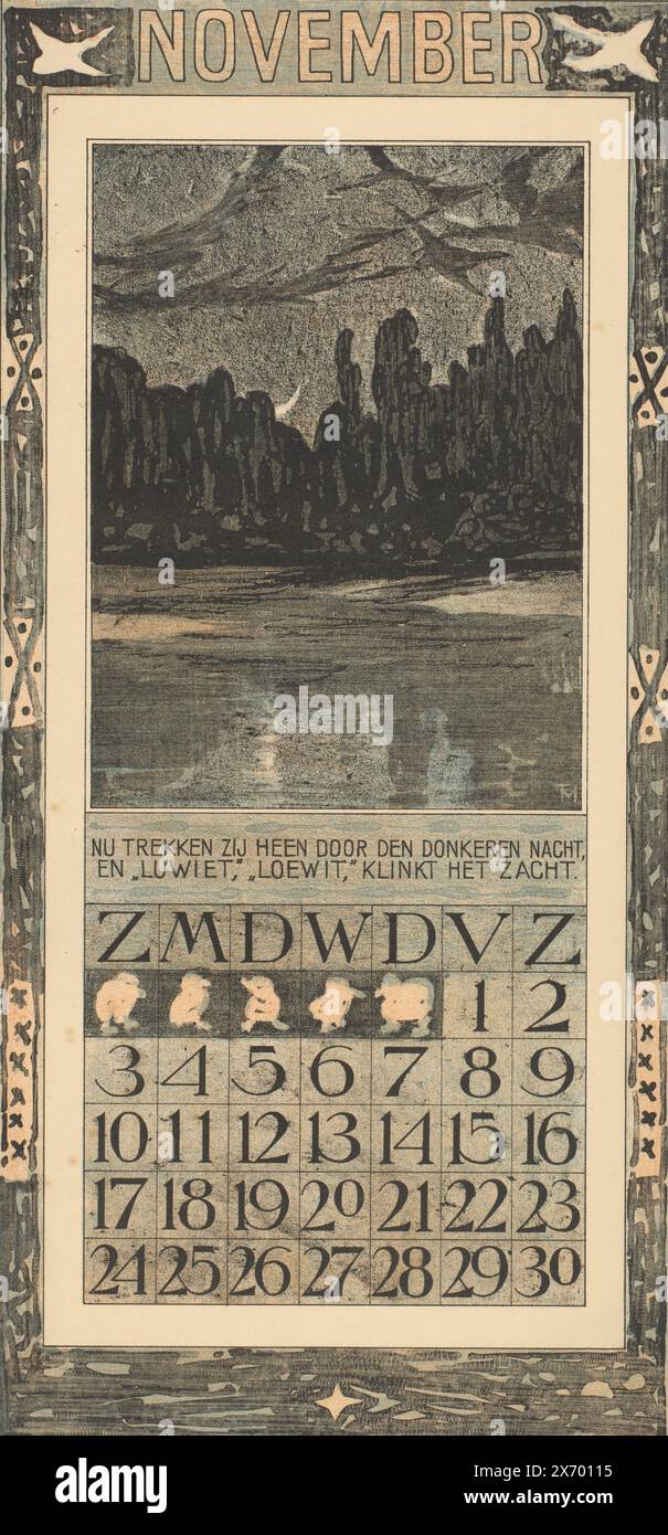 Calendar sheet for November 1907 with migratory birds in a night ...