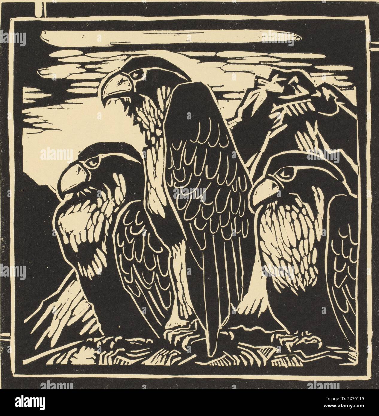Calendar sheet for December (?) 1934 with three birds of prey in a ...