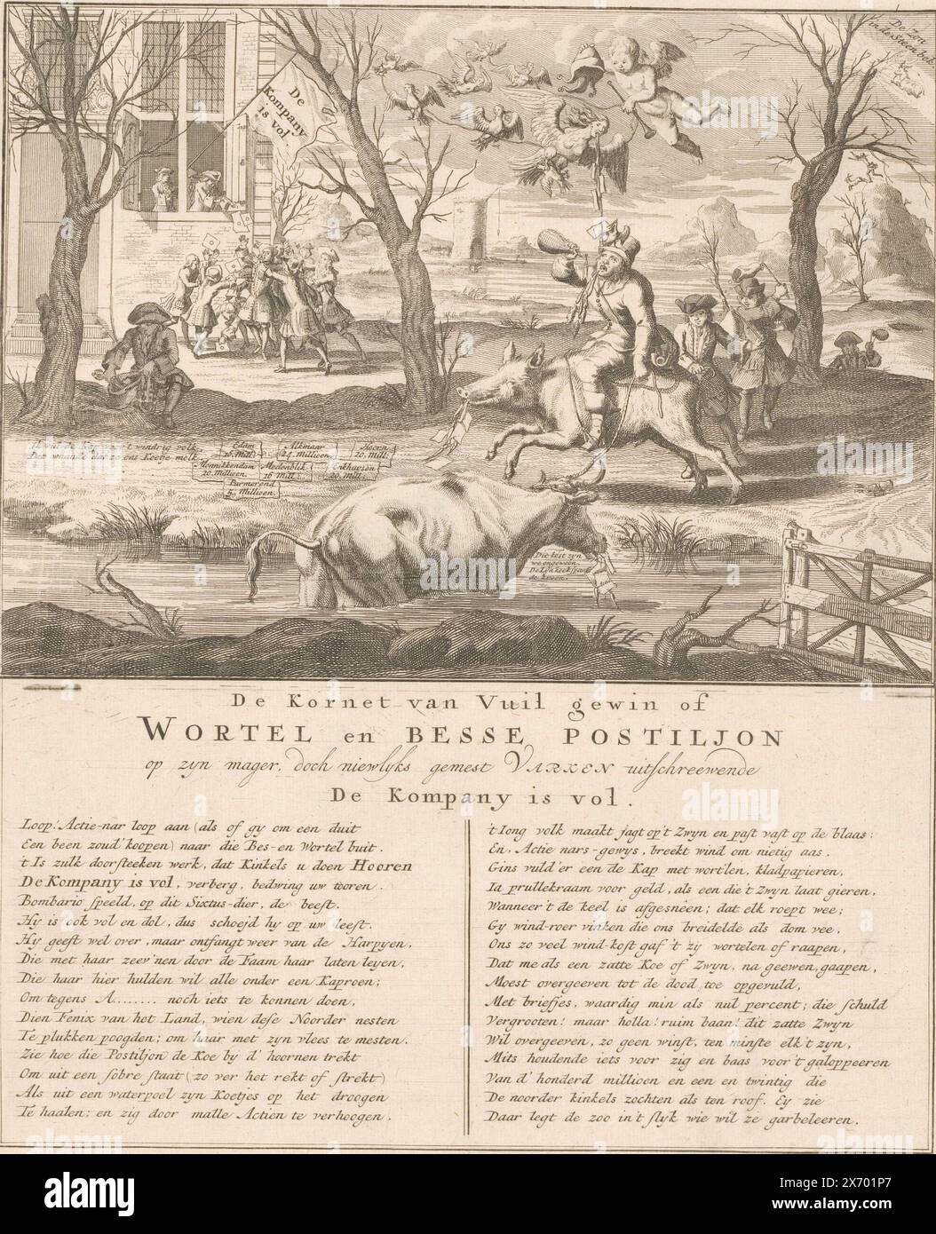 Postiljon on a pig brings the news that the company is full, 1720, De ...