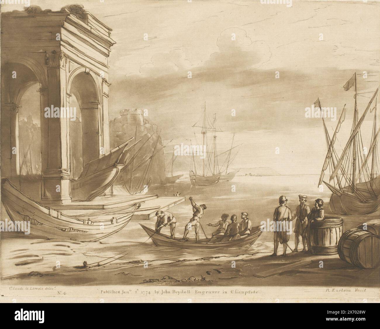 View of a seaport on a rocky coast with a Roman building, Prints after ...