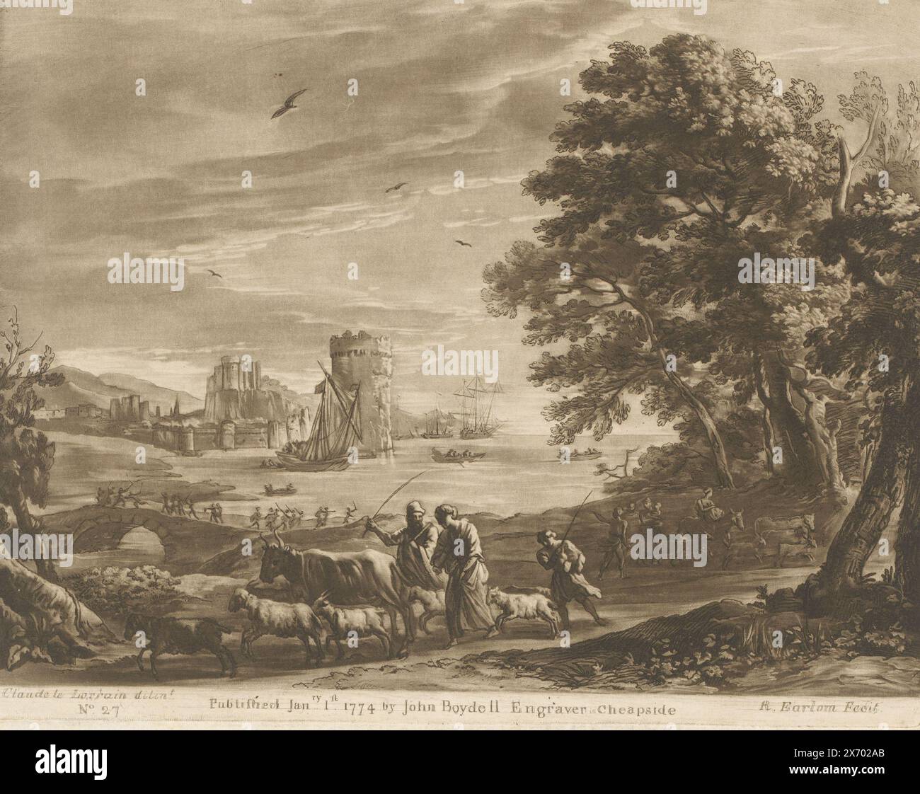 Coastal landscape with drovers and fight on a bridge, Prints after ...