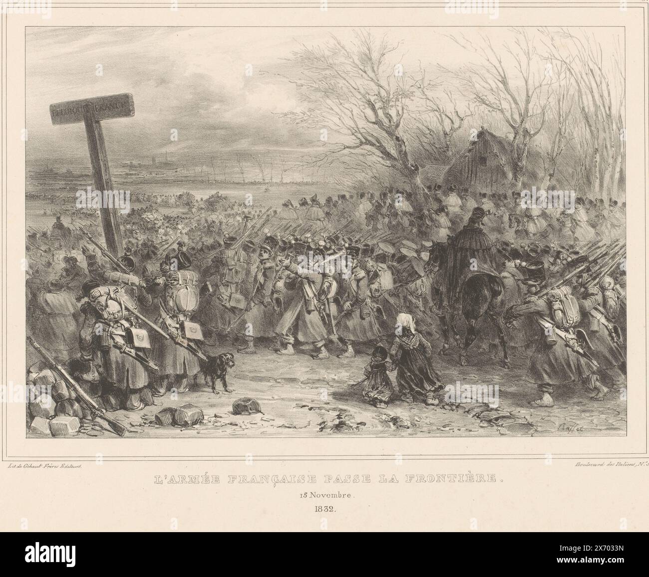 French army advancing, 1832, L'armée française passe la frontière ...