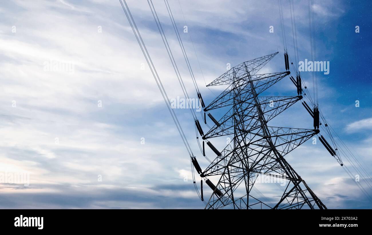 Close up bottom view electricity overhead power lines on blue sky in ...