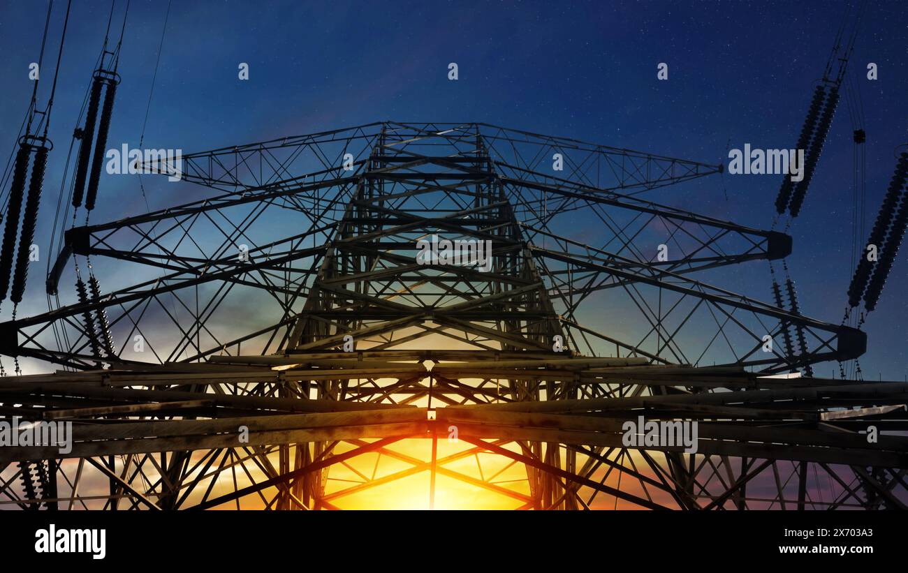 Close up bottom view electricity overhead power lines on sunset sky in ...