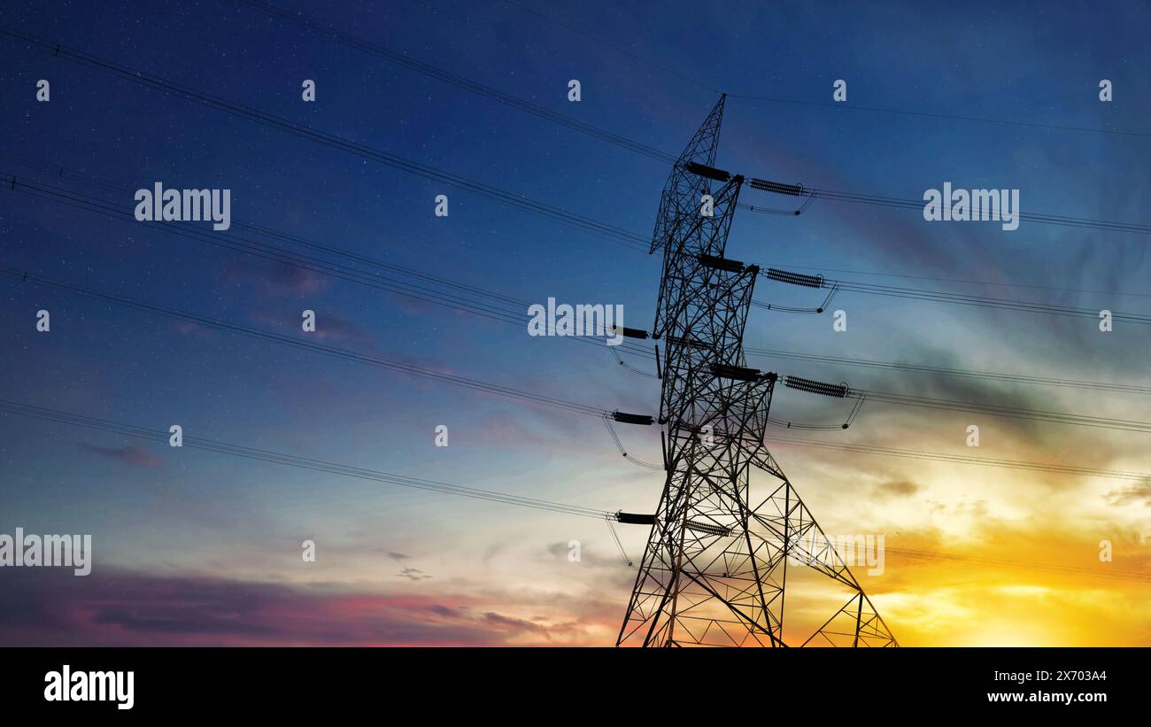 Close up bottom view electricity overhead power lines on sunset sky in ...