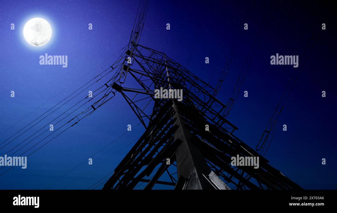 Close Up Bottom View Electricity Overhead Power Lines At Night In Jakarta Indonesia Industrial