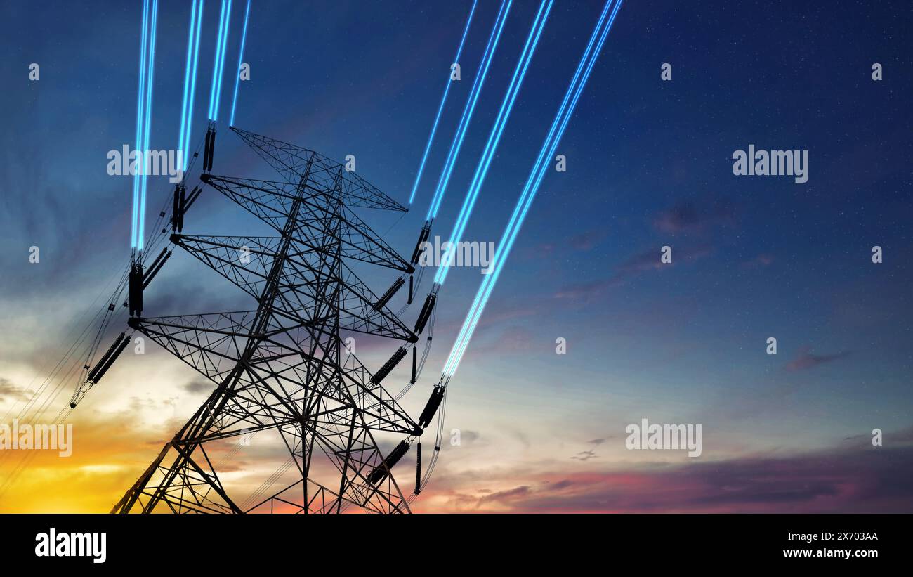Close up bottom view electricity overhead power lines on sunset sky in ...